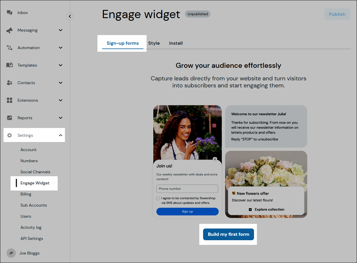 Create and embed a sign-up form – Sinch MessageMedia