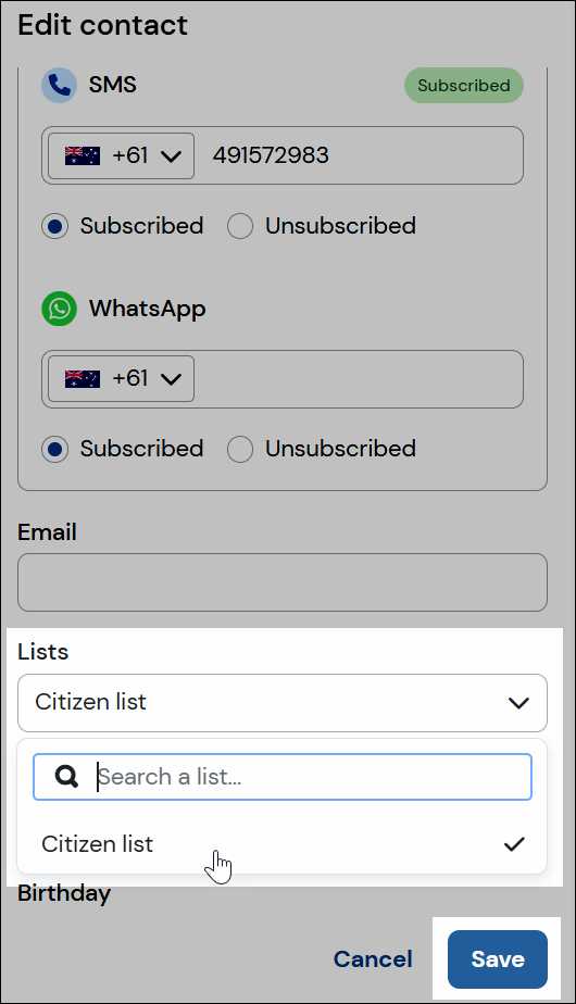 Add & remove contacts from lists – Sinch MessageMedia