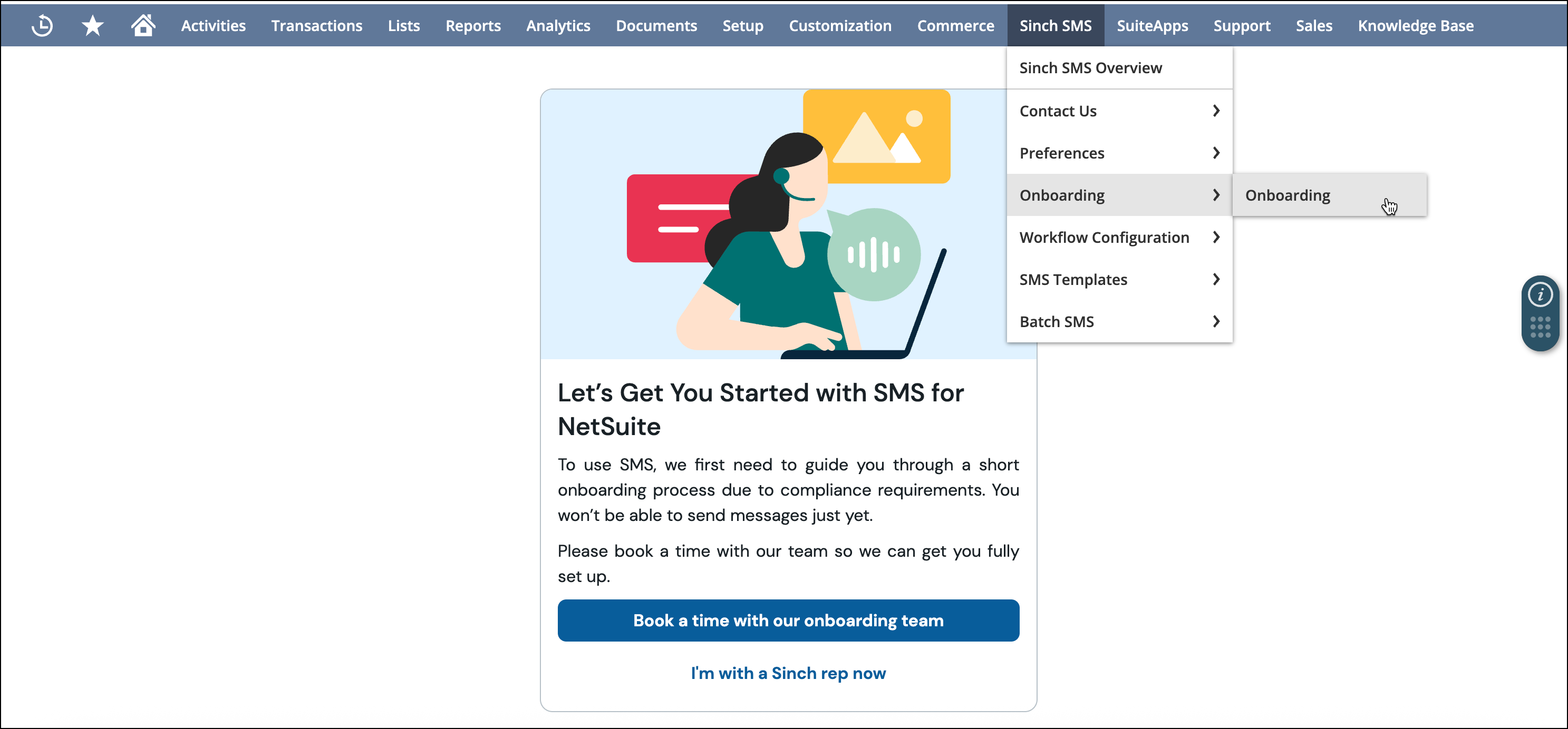 Netsuite | Sinch SMS onboarding screen – Sinch MessageMedia
