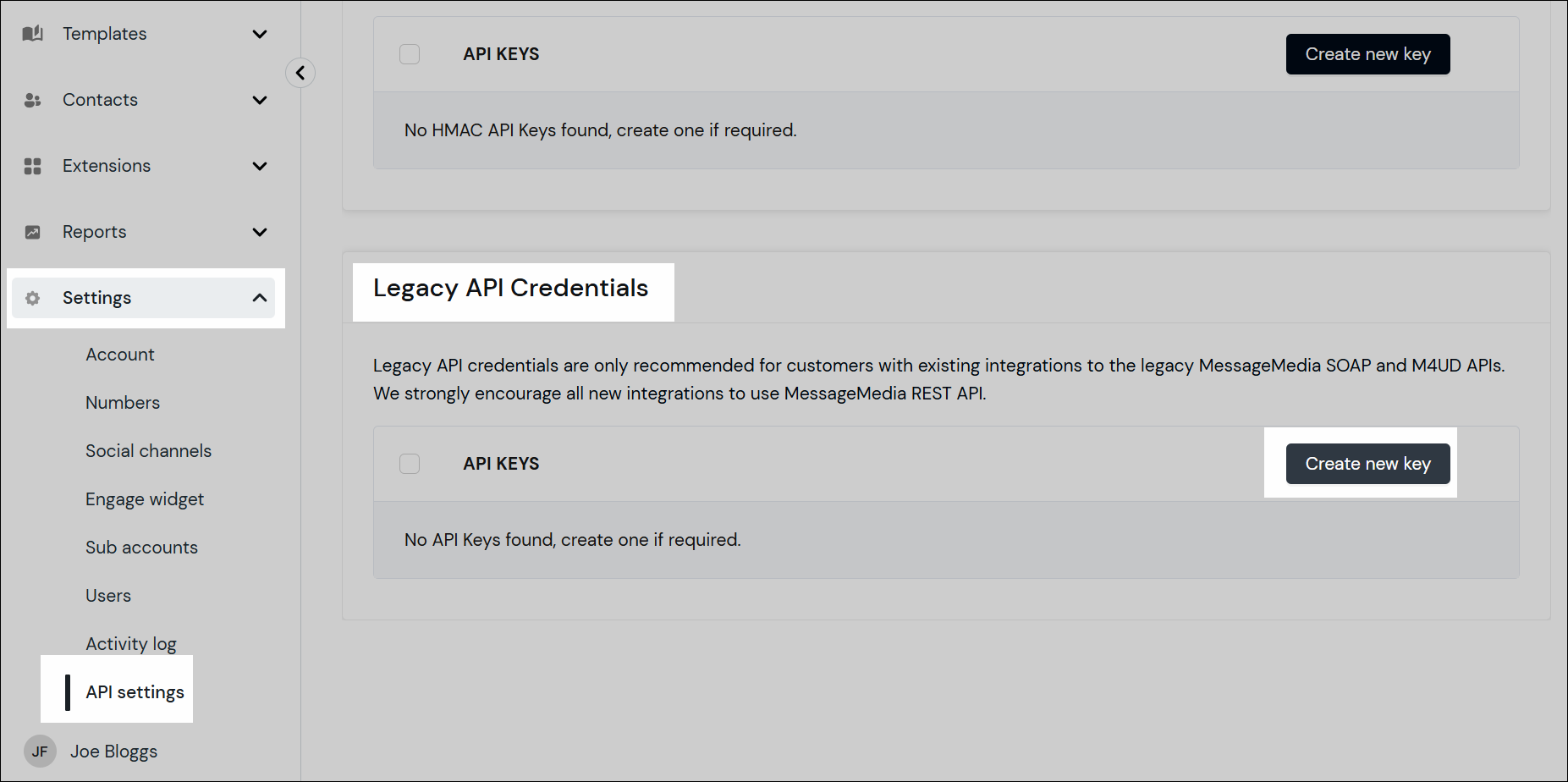 Creating new API credentials – Sinch MessageMedia