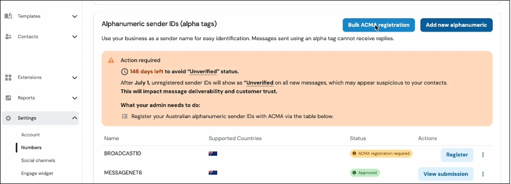 Australia | Alphanumeric Sender ID Registration - EMSP Partner (Bulk ...