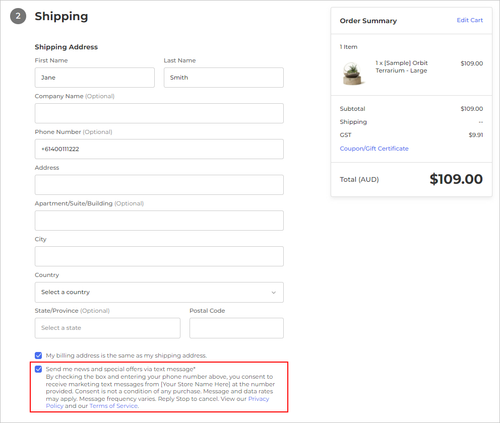 BigCommerce | SMS Opt-In Consent – Sinch MessageMedia