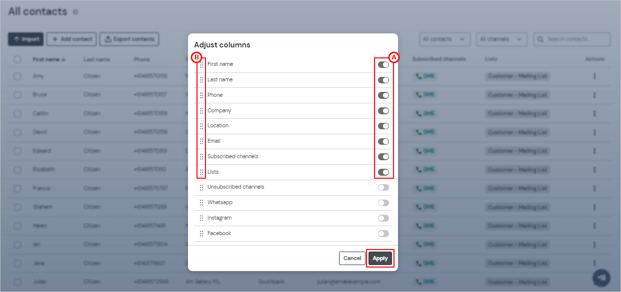 Adjusting Columns in Contacts – Sinch MessageMedia